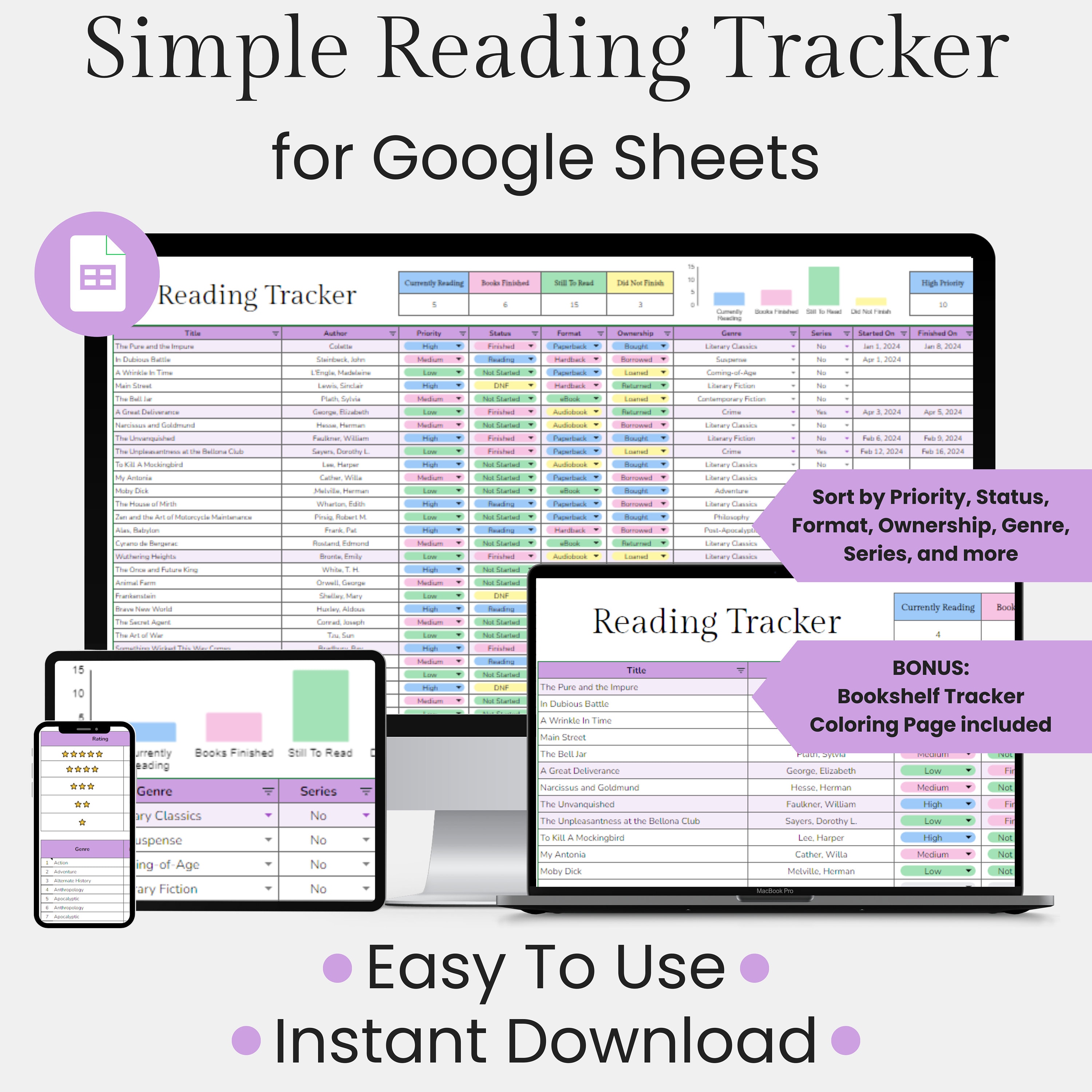 Simple Reading Tracker, Google Sheets Spreadsheet, Book Reading Planner ...