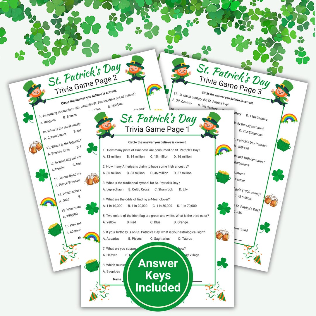 St Patricks Day Printable Trivia Games, Irish Trivia Quiz Game, St ...