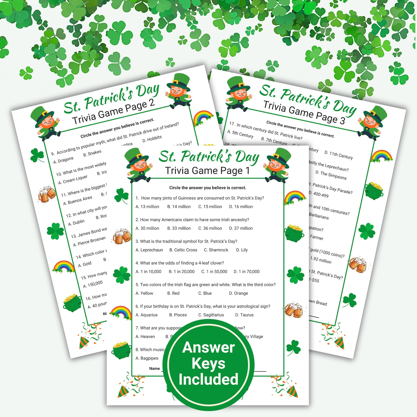 St Patricks Day Printable Trivia Games, Irish Trivia Quiz Game, St ...