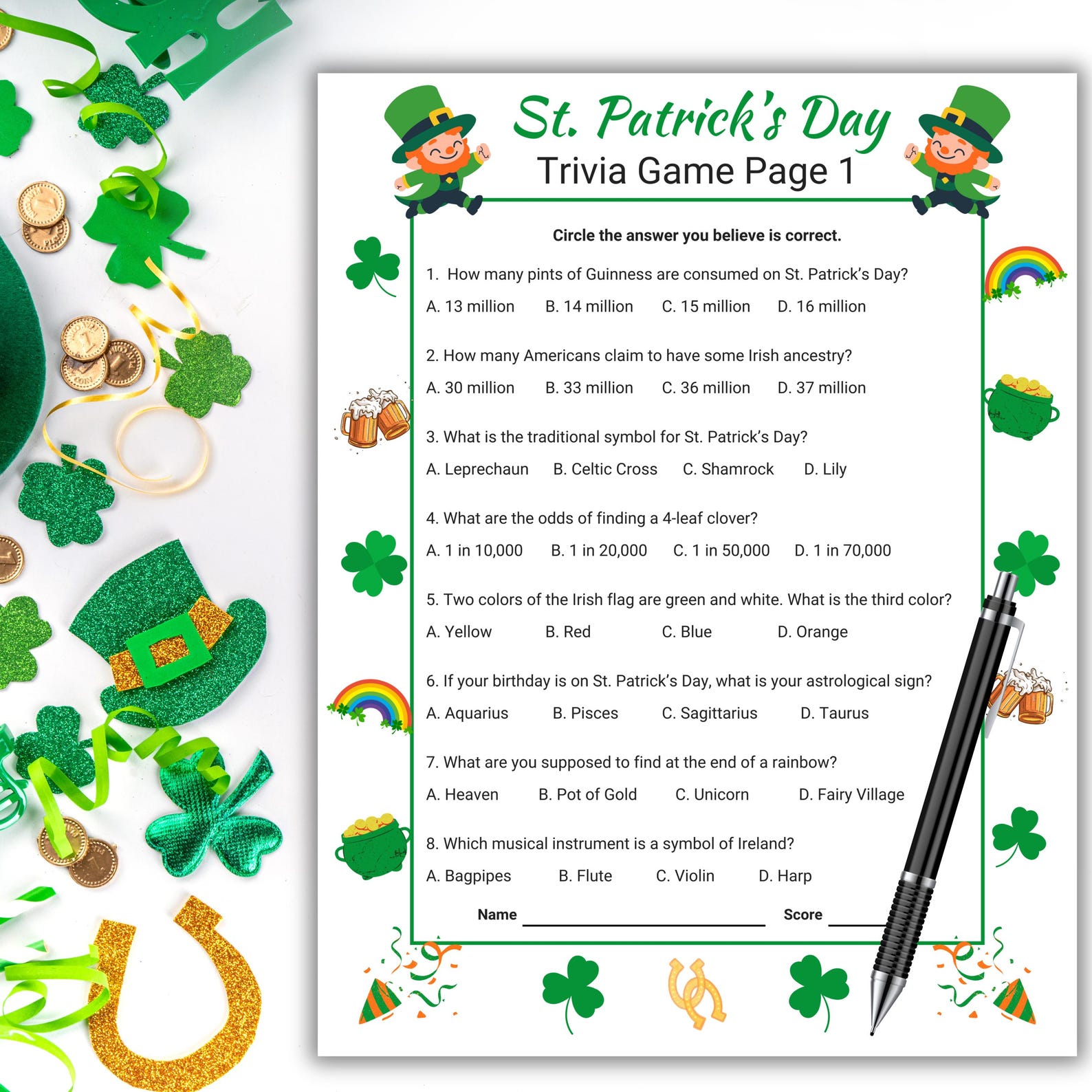 St Patricks Day Printable Trivia Games, Irish Trivia Quiz Game, St ...