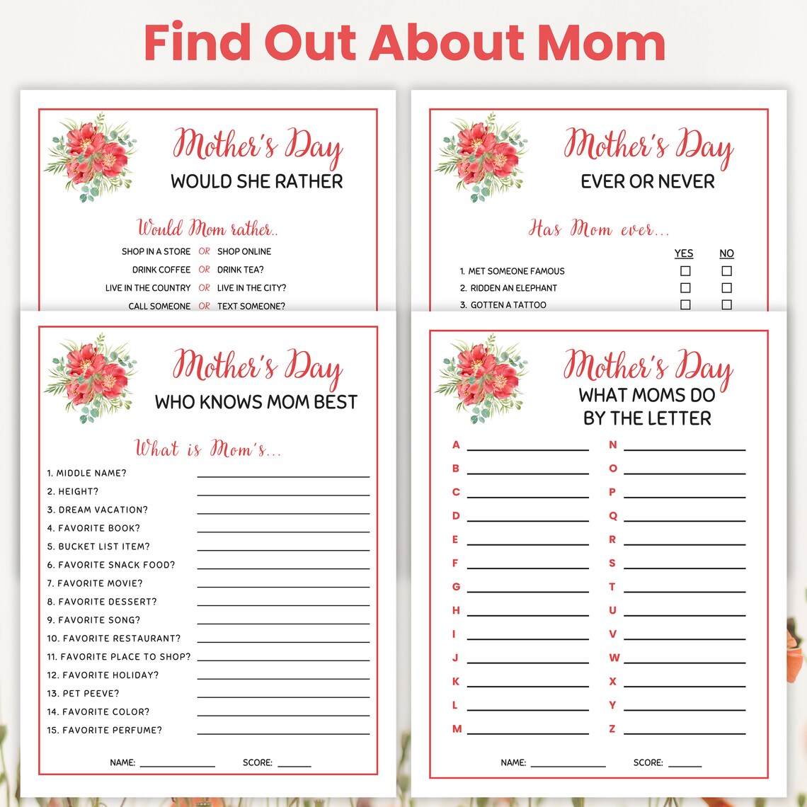 Fun Mothers Day Games, Printable Party Games, Mothers Day Activity ...