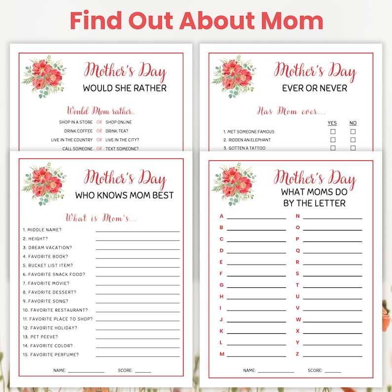 Fun Mothers Day Games, Printable Party Games, Mothers Day Activity ...