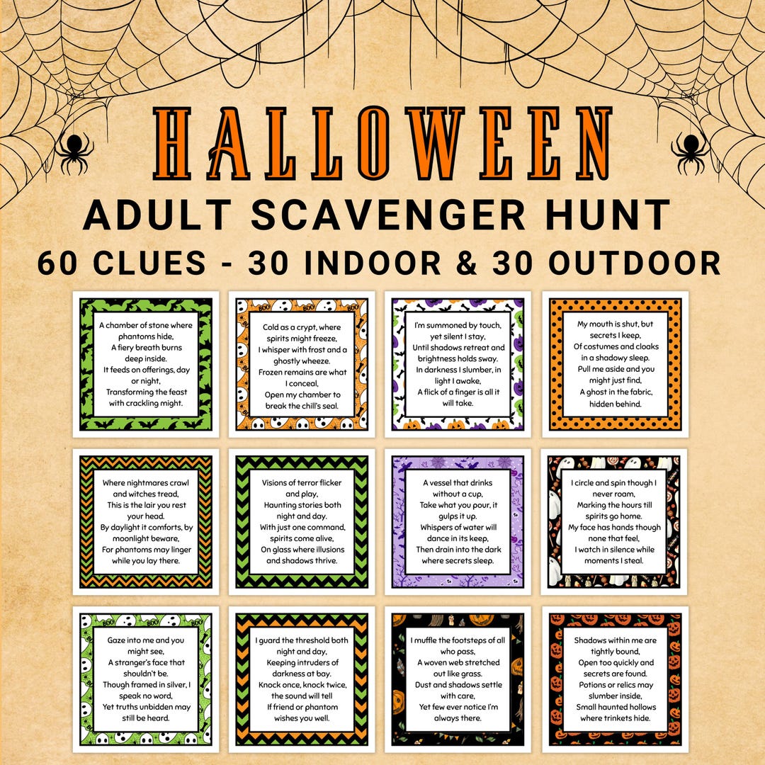 Halloween Scavenger Hunt for Adults, Printable Clue Cards, Indoor and ...