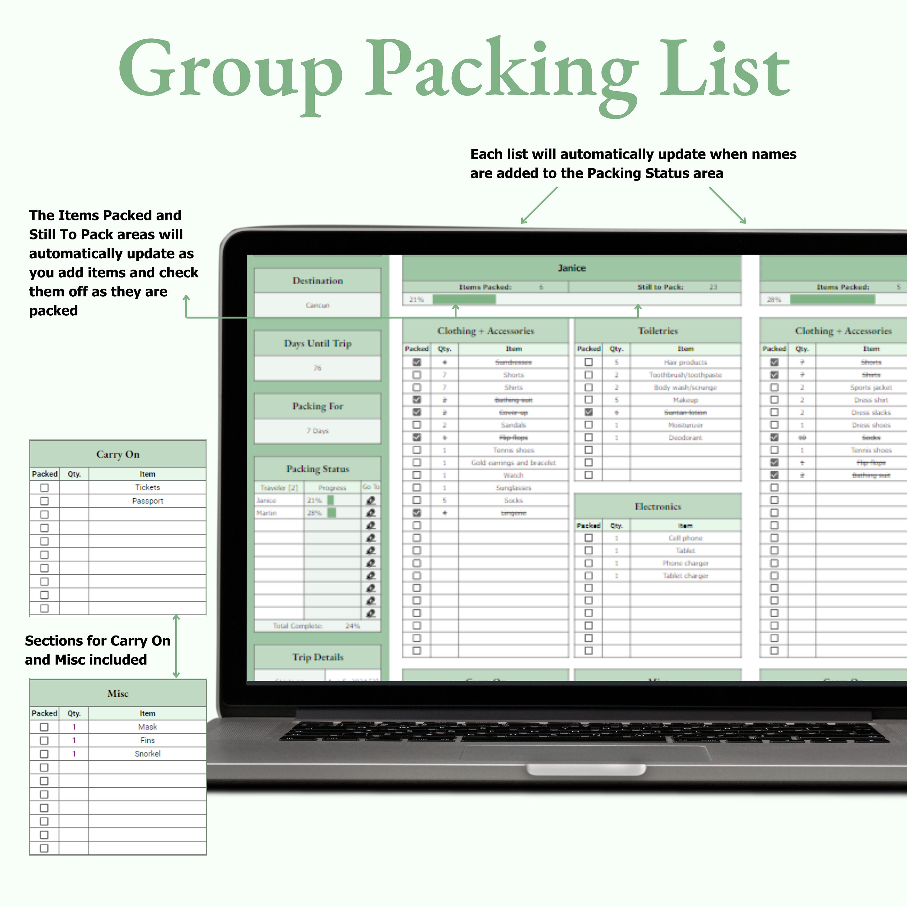 Travel Packing List, Google Sheets Spreadsheet, Digital Travel ...