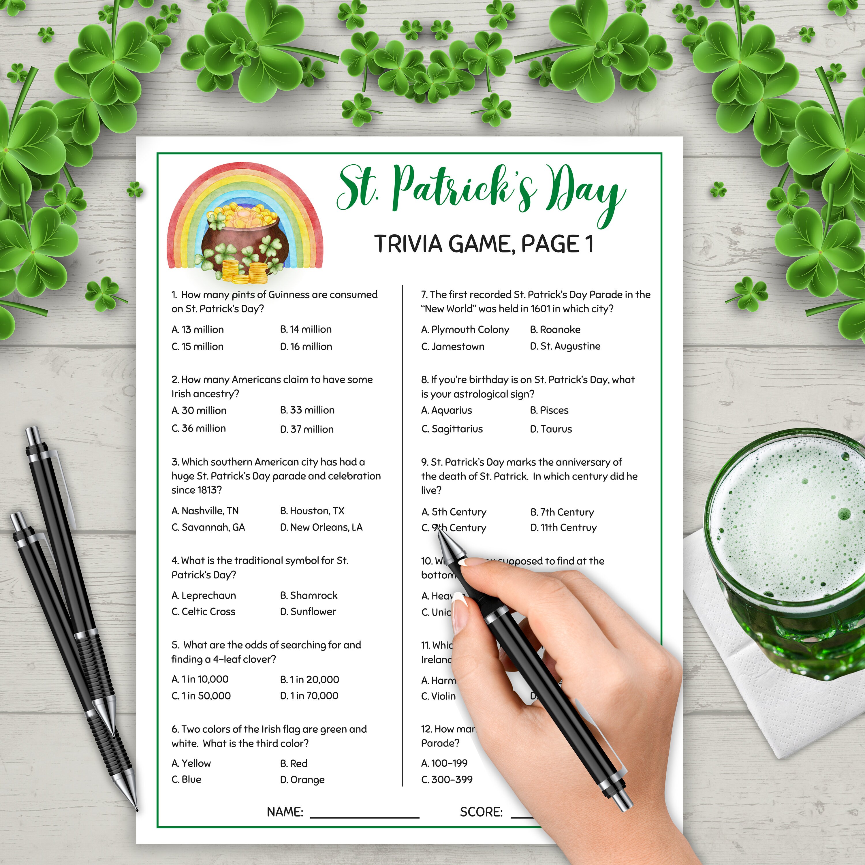 St. Patrick’s Day Printable Trivia Game, Office Party Games, Trivia ...