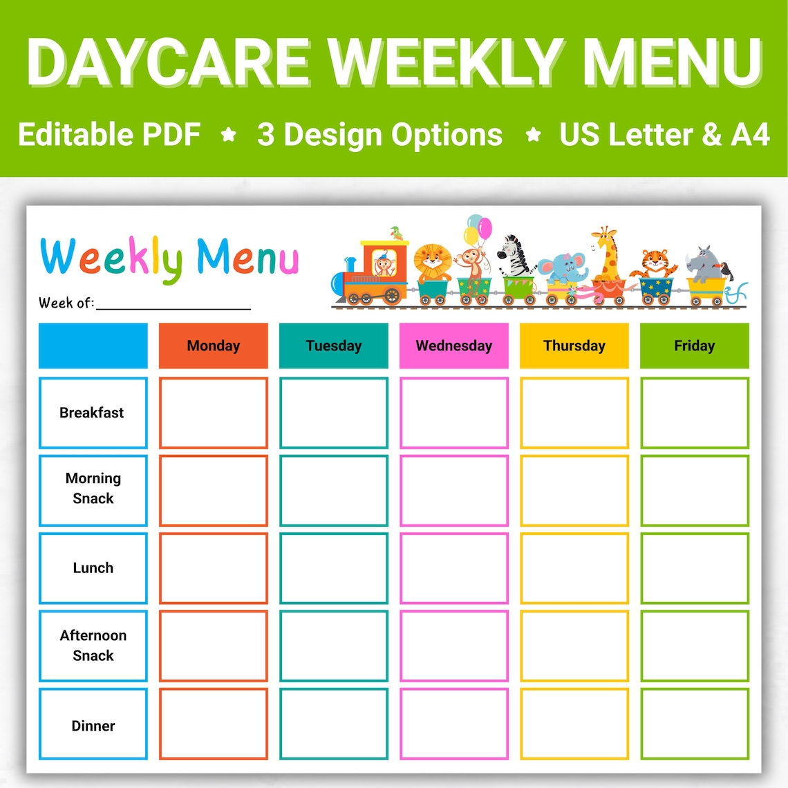 Editable Daycare Weekly Menu, Printable Childcare Menu Plan, Home ...