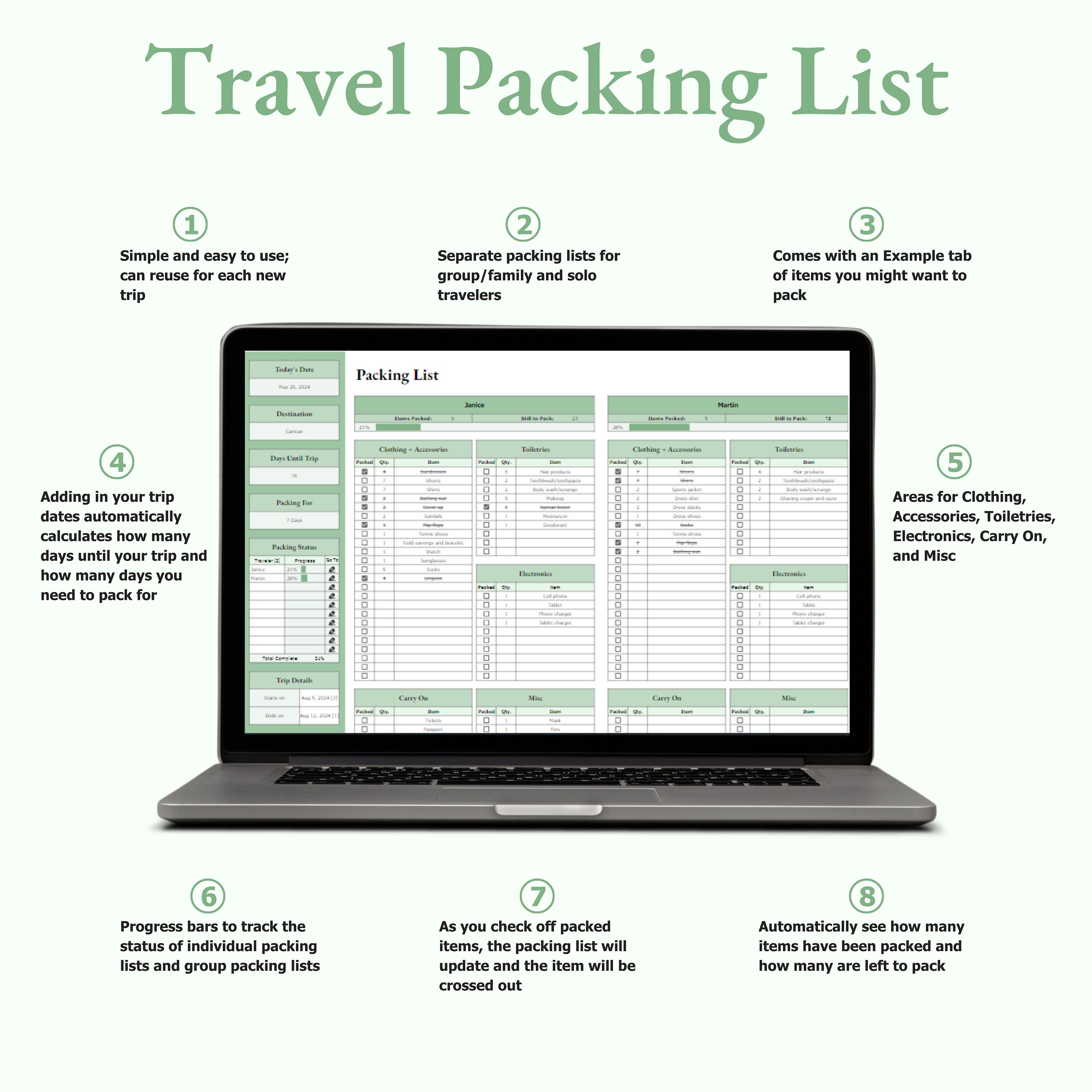 Travel Packing List, Google Sheets Spreadsheet, Digital Travel ...