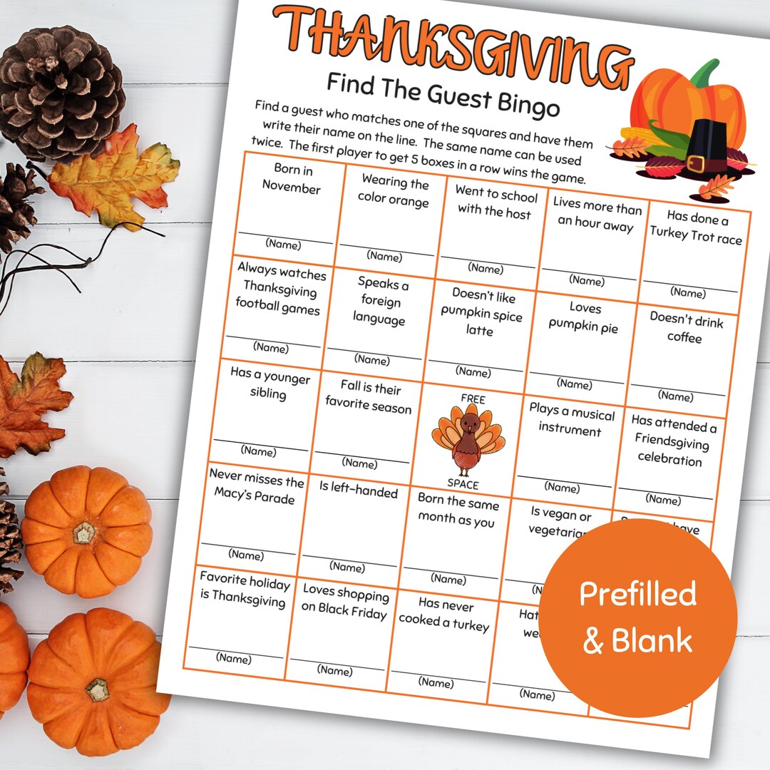 Thanksgiving Find the Guest Bingo Game, Find Someone Who Icebreaker ...
