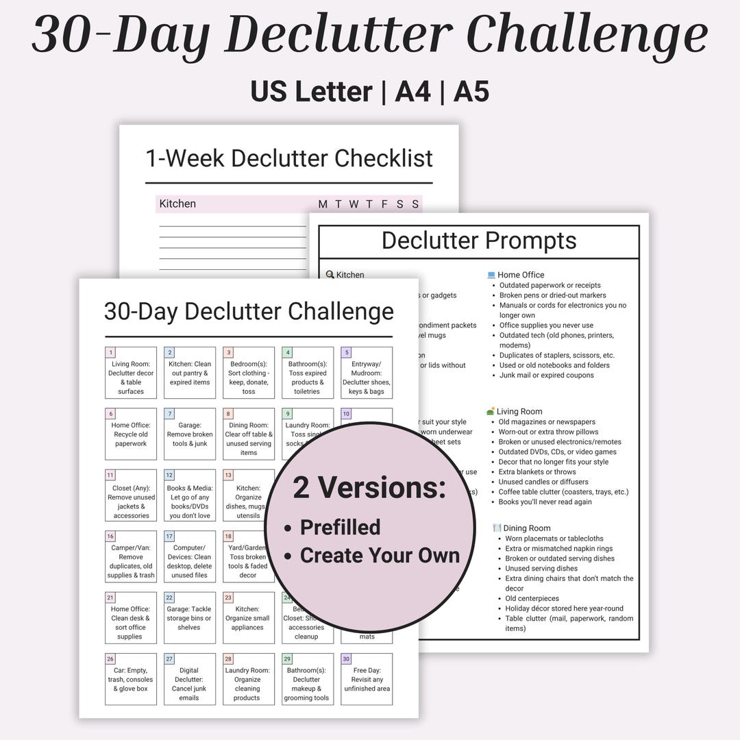 30 Day Declutter Challenge Tracker, Printable Declutter Project ...