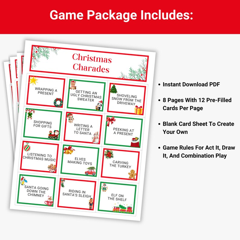 Christmas Charades Party Game, Printable Charades Cards, Games for Kids ...