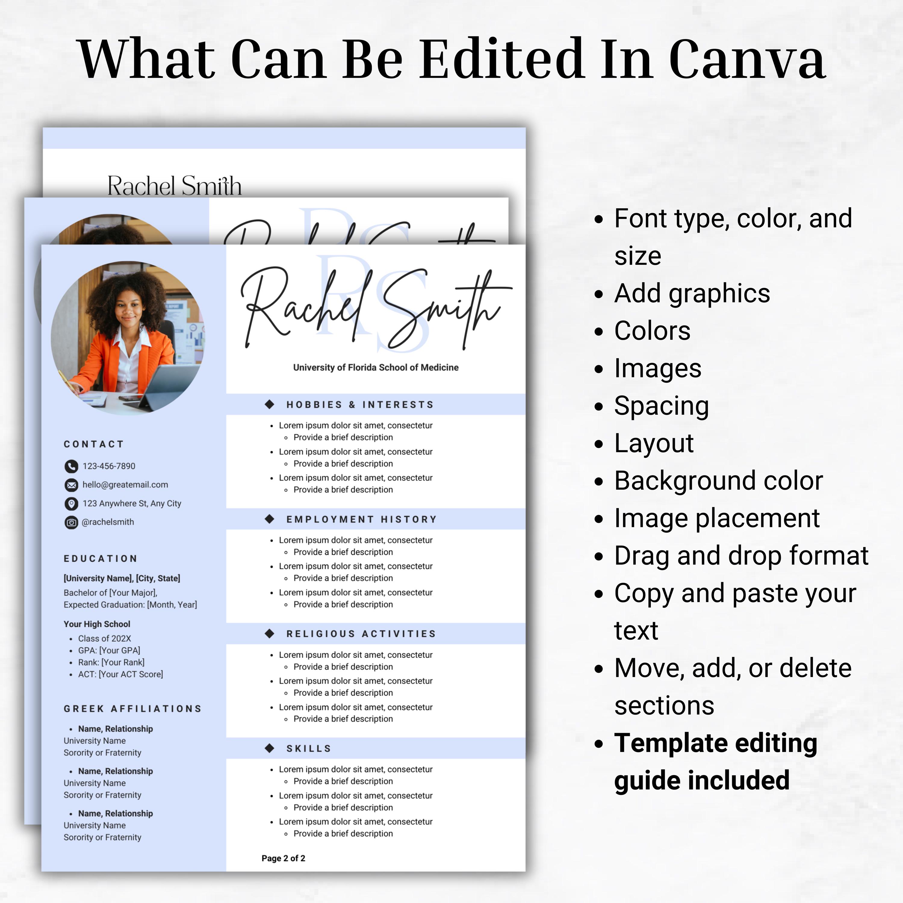Editable Sorority Resume Template With Picture Frame, Resume Cover ...