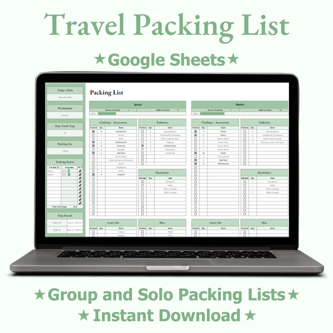 Travel Packing List, Google Sheets Spreadsheet, Digital Travel ...