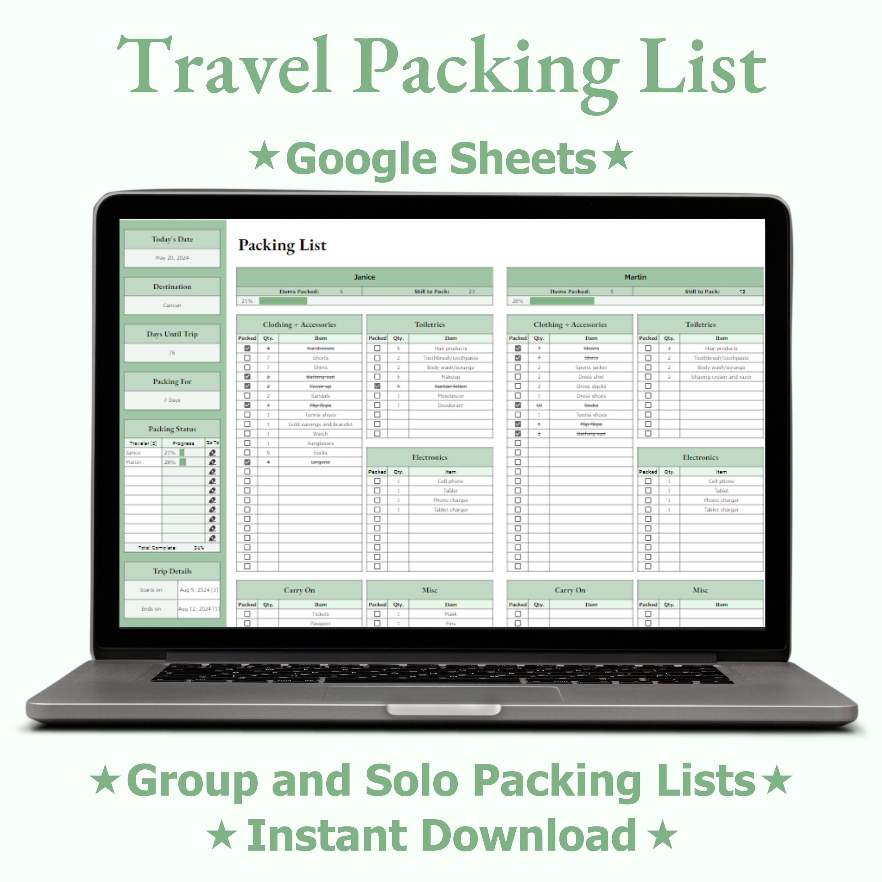 Travel Packing List, Google Sheets Spreadsheet, Digital Travel ...