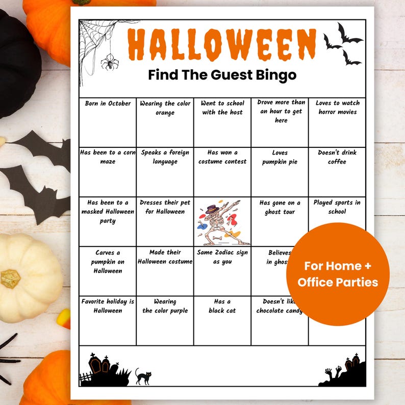 Find the Guest Bingo Game, Adult Halloween Game, Coworker Mix and ...