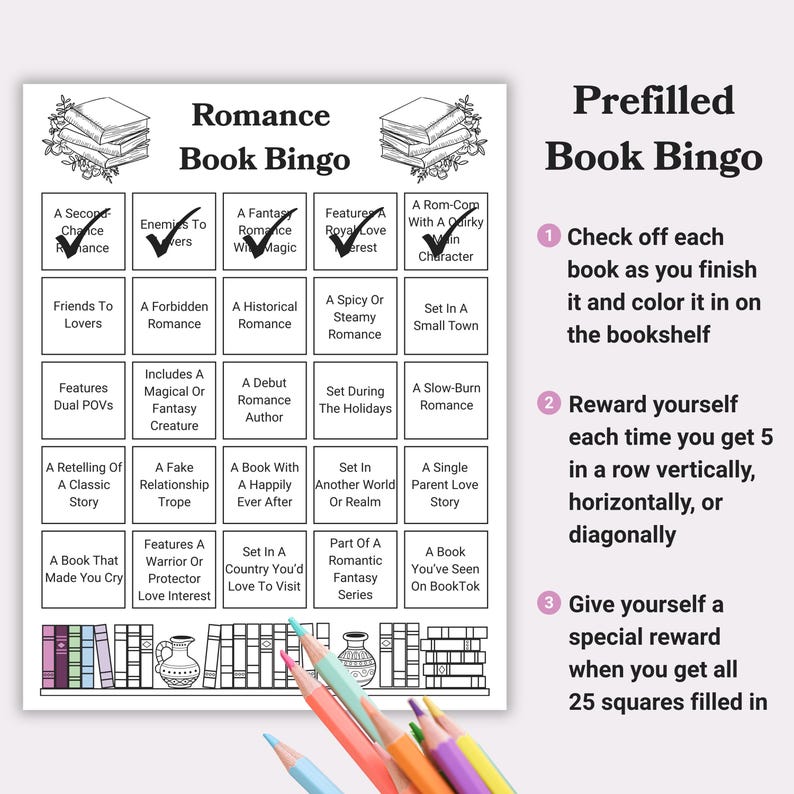 Romance Book Bingo for Adults, Printable Romantasy Book Prompts ...