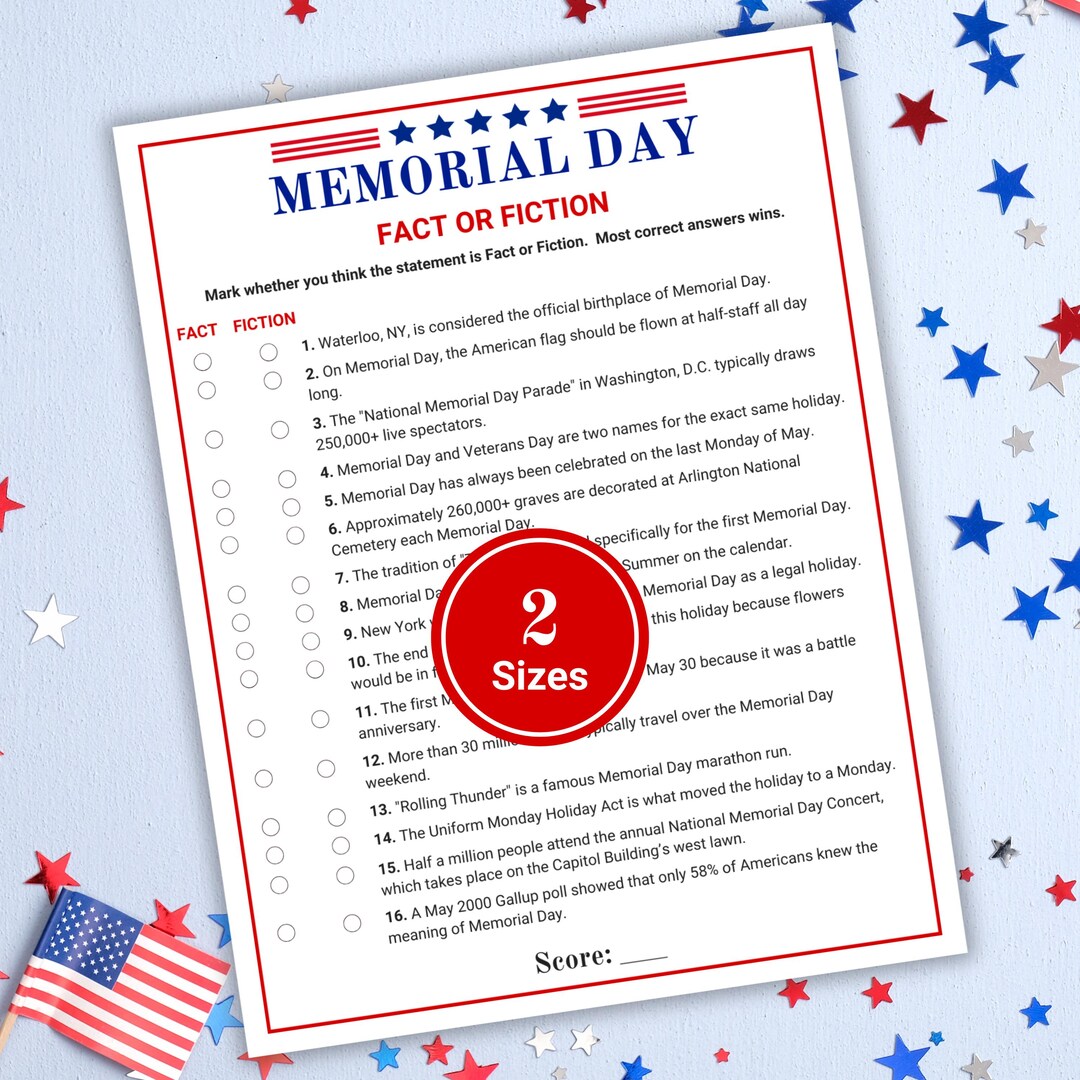 Memorial Day Trivia Game, Fact or Fiction Game, Printable Party Game ...