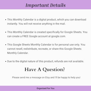 Monthly Calendar Checklist, Google Sheets Productivity Planner ...