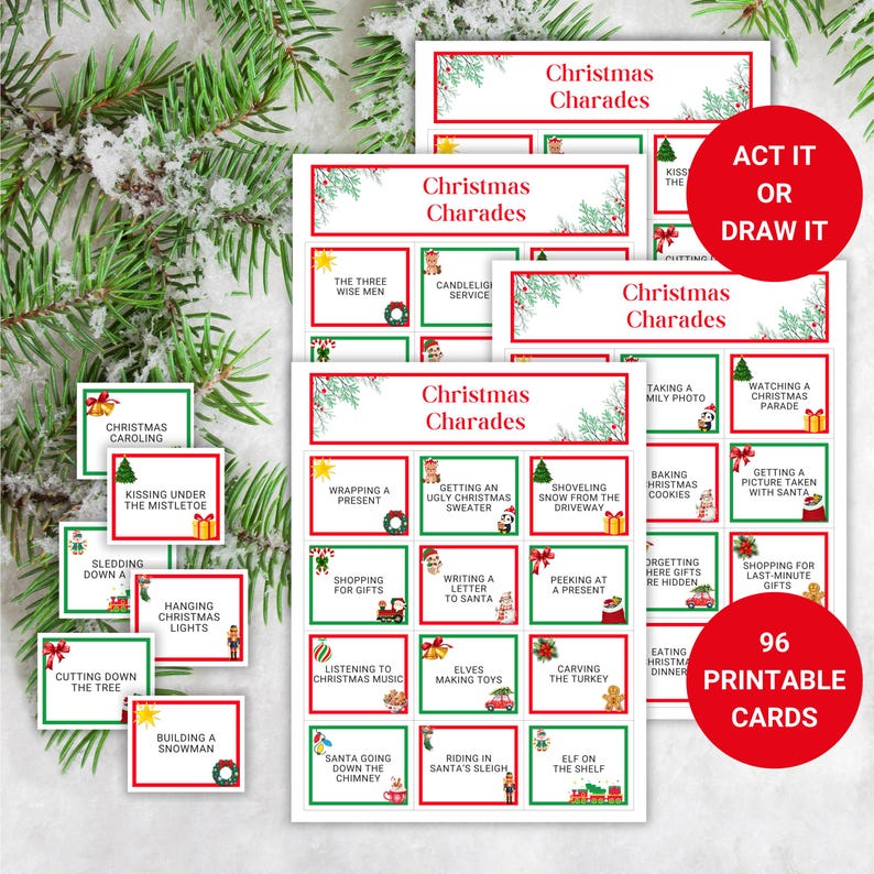Christmas Charades Party Game, Printable Charades Cards, Games for Kids ...