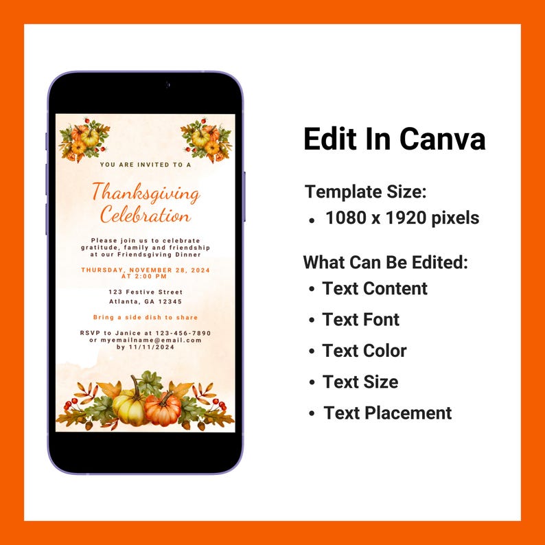 Thanksgiving Digital Invitation, Editable Canva Invite Template ...