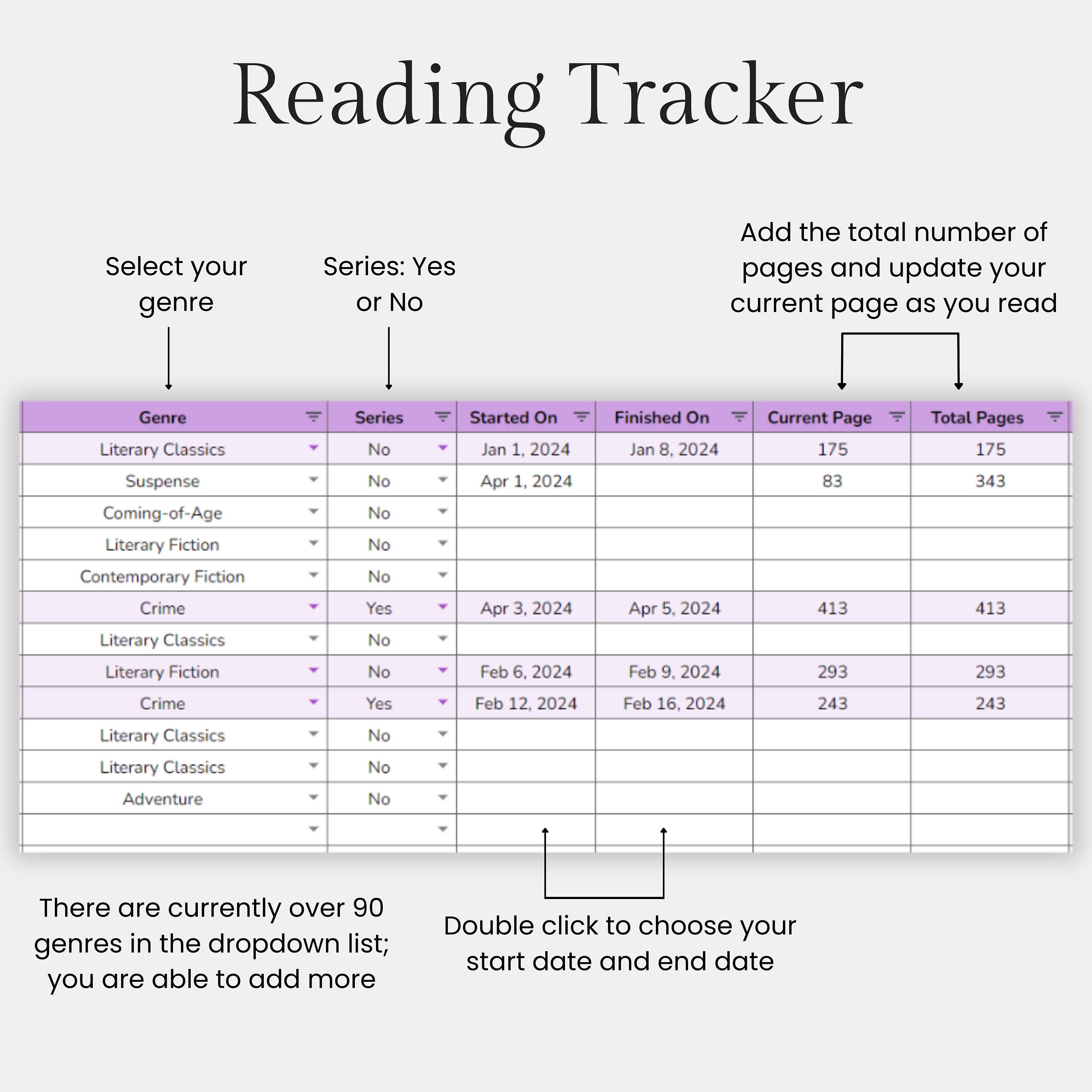Simple Reading Tracker, Google Sheets Spreadsheet, Book Reading Planner ...