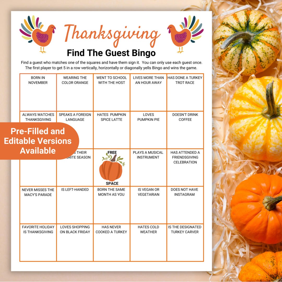 Find the Guest Bingo Game, Editable Mix and Mingle Bingo, Thanksgiving ...