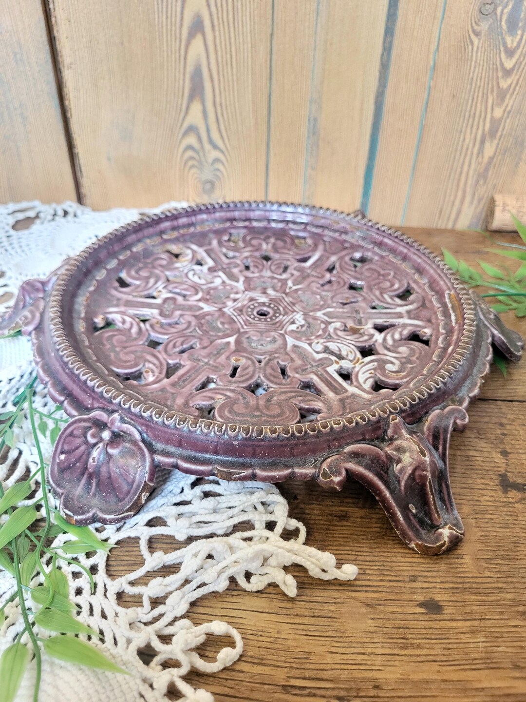 Antique | Large Old Enameled Cast Iron Trivet - Etsy