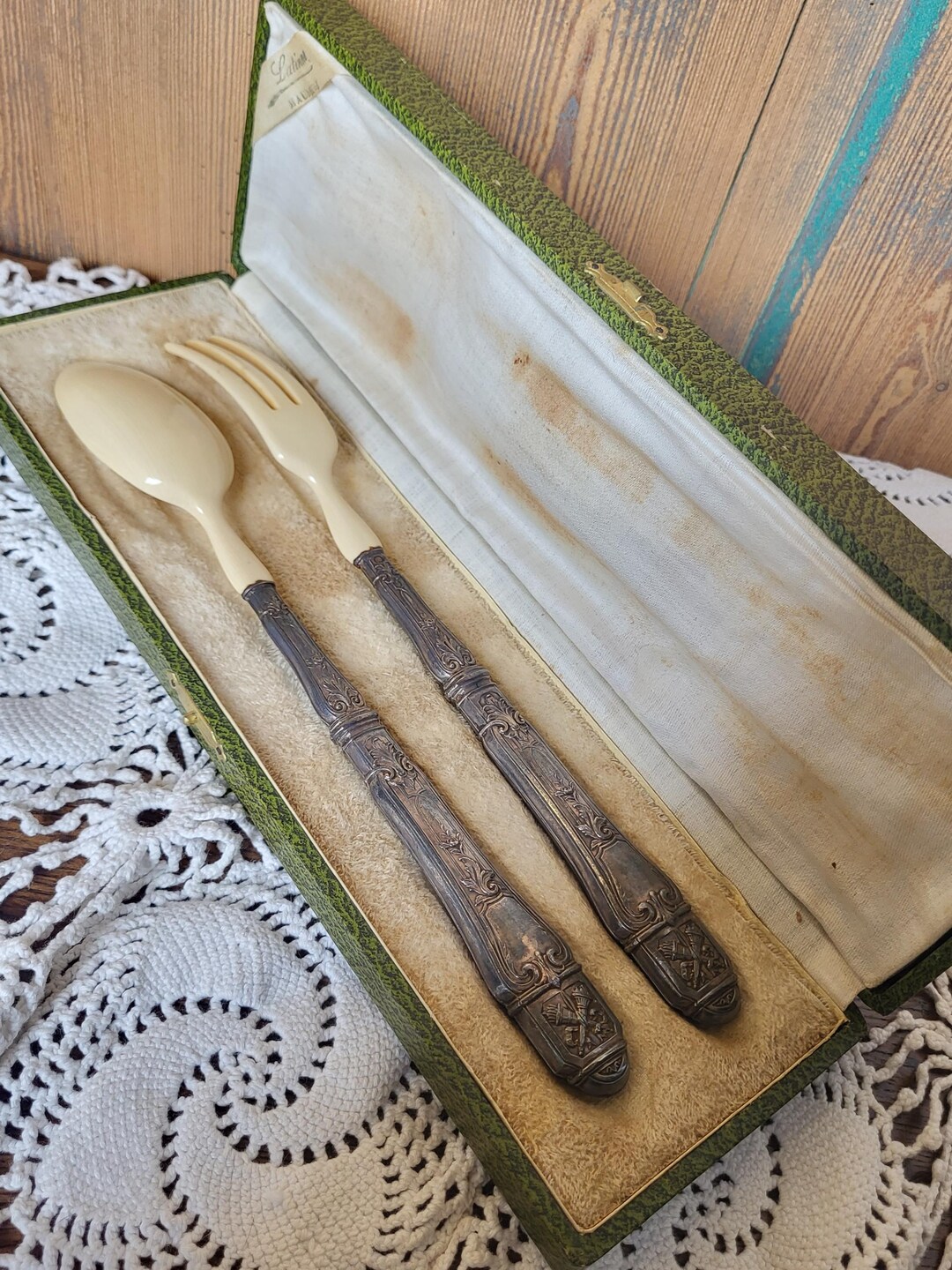 Superb Pair of Salad Servers in Solid Silver With Ivory and Torch ...
