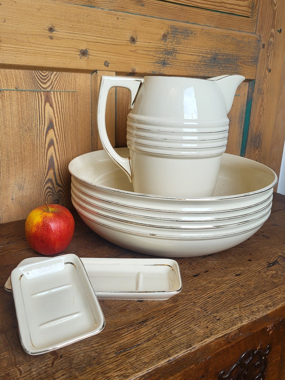 Old Sarreguemines Toilet Set Pitcher Basin Basin Soap Dish Comb Holder ...