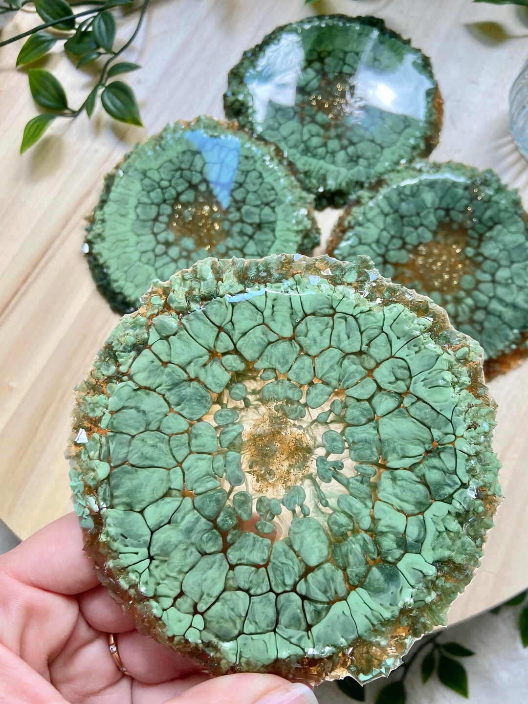 Green & Bronze Geode Resin Coaster Set of 4 / Handmade Home Decor Gift ...