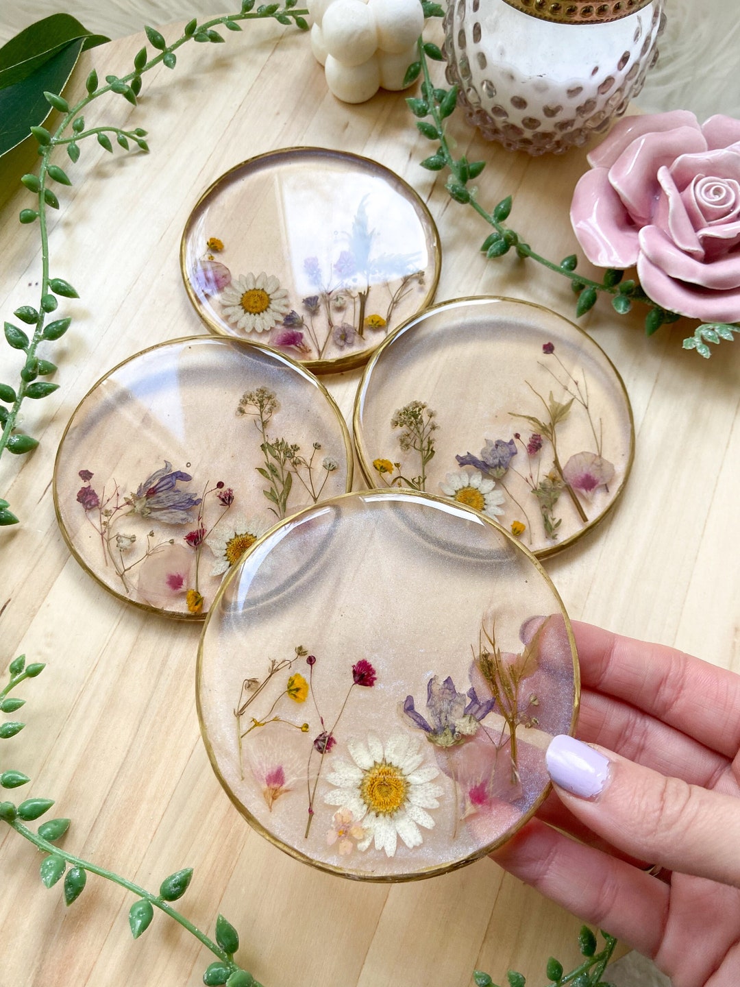 Resin Coaster Set With Real Flowers Floral Coaster Set of 4 Handmade ...