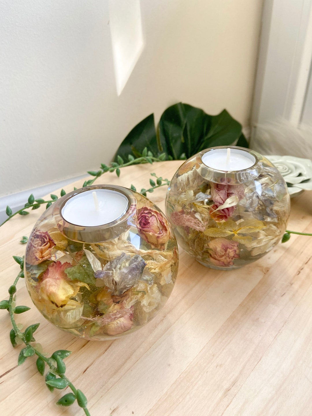 Resin Tea Light Candle Holder With Real Flowers Handmade Home Decor ...
