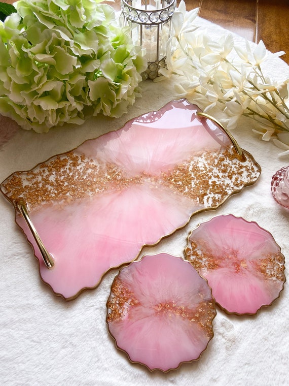 Home & Living Resin tray and two coasters in pink Kitchen & Dining ...