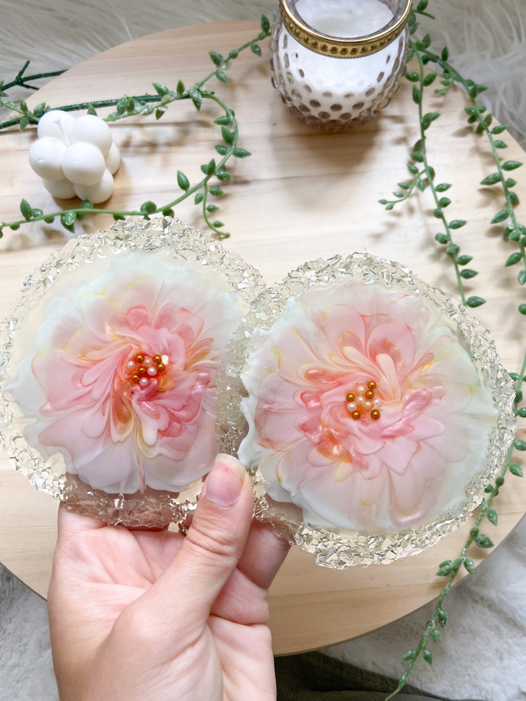 Blush Pink 3D Flower Resin Coaster Set of 2 Handmade Home Decor Gift - Etsy