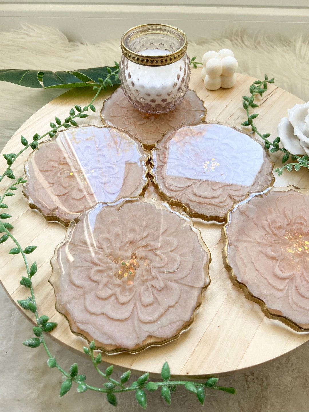 Pink Flower Resin Coaster Set of 5 Handmade Home Decor Handmade Gift ...