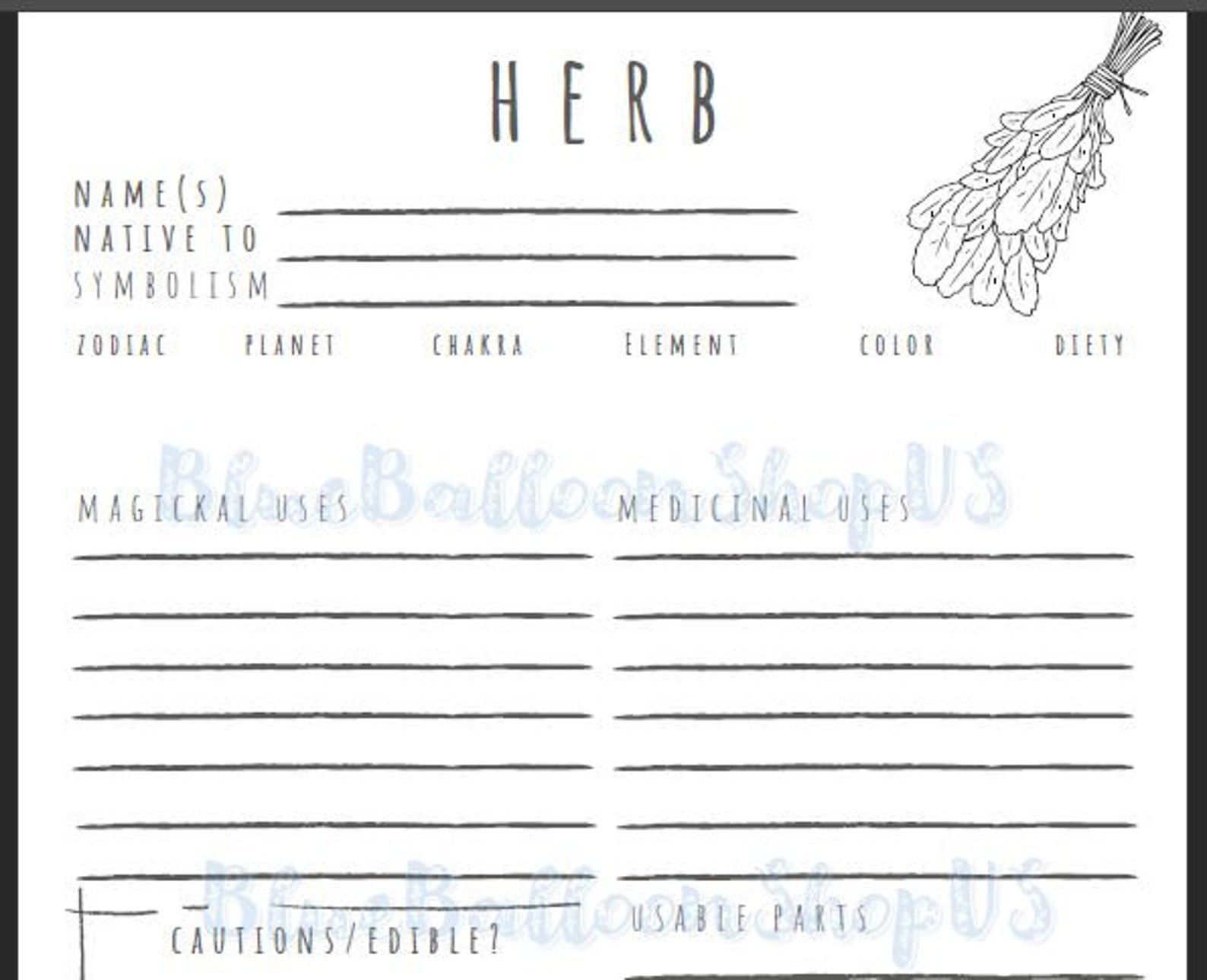 Printable Herb Worksheet for Grimoire or Book of Shadows - Etsy