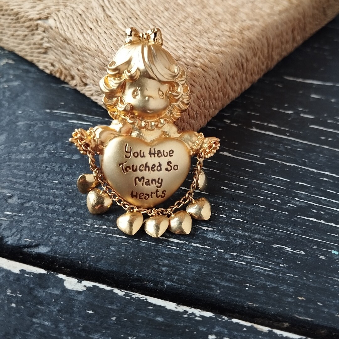 Vintage PMI Gold Tone Girl With Hearts Brooch "you Have Touched so Many ...