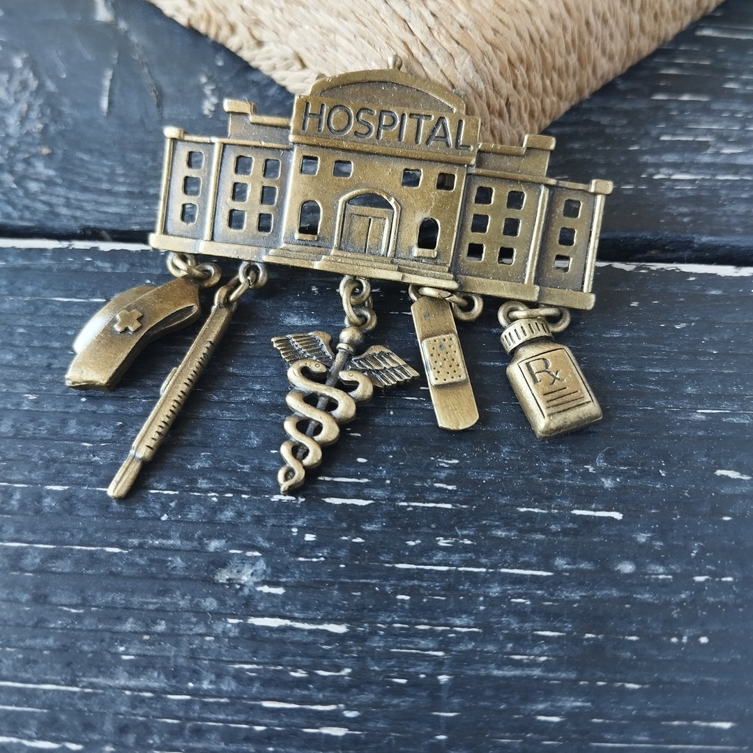 Vintage JJ Hospital Brooch With Charms, Brass Tone, Gift for Nurse ...