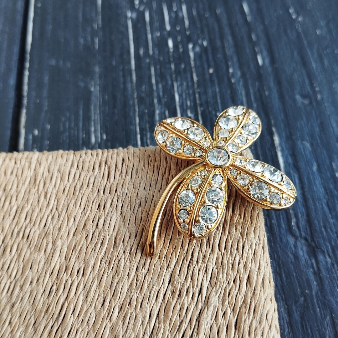 Vintage Monet Brooch Clover 4 Four Leaf Floral Gold Tone Metal Clear ...