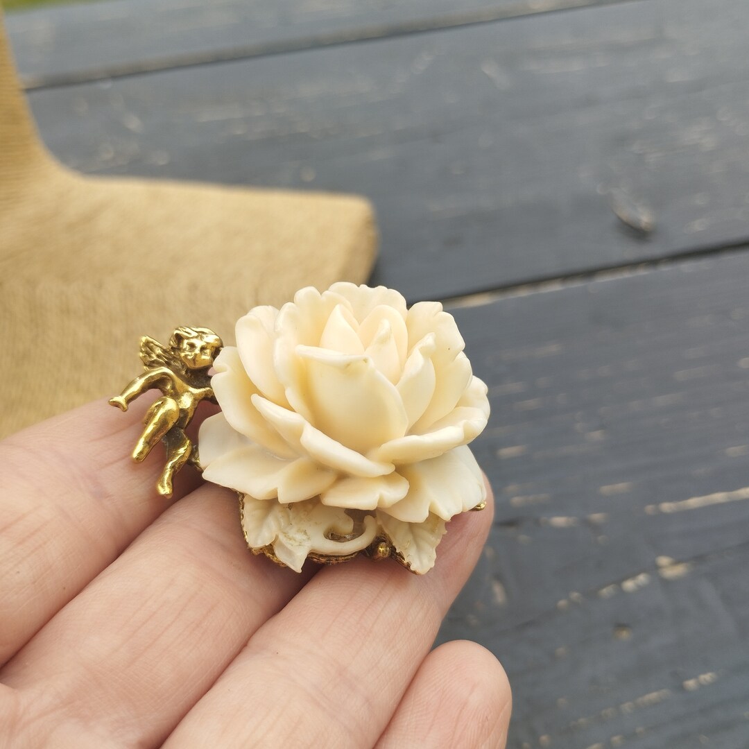 Vintage Creamy Pink Rose Brooch With Angel. - Etsy