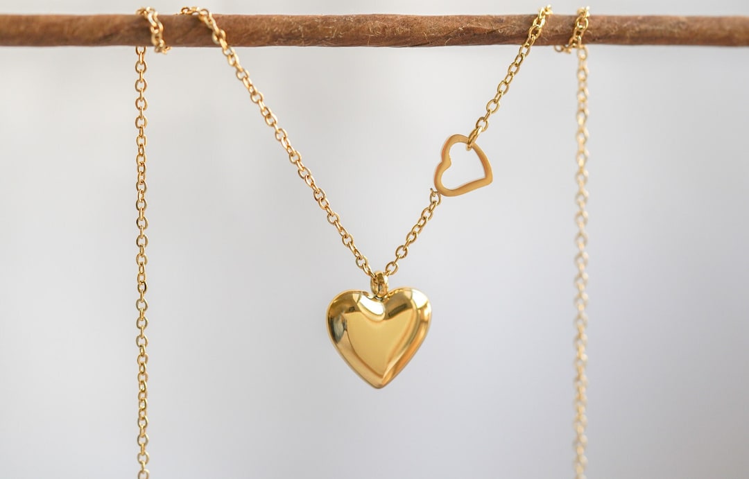 Puffed Heart Necklace, Gold Heart Necklace, Puffed Heart Pendant ...