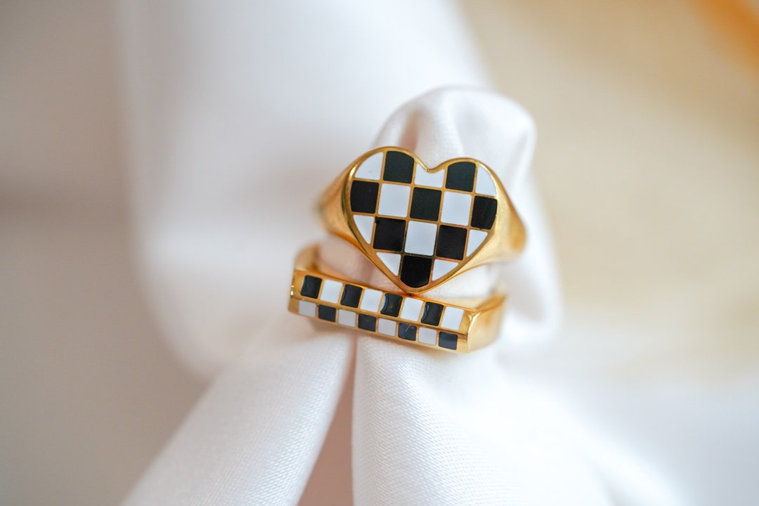 Checkered Ring, 18K Gold Plated Ring, Gold Dome Ring, Geometric Pattern ...