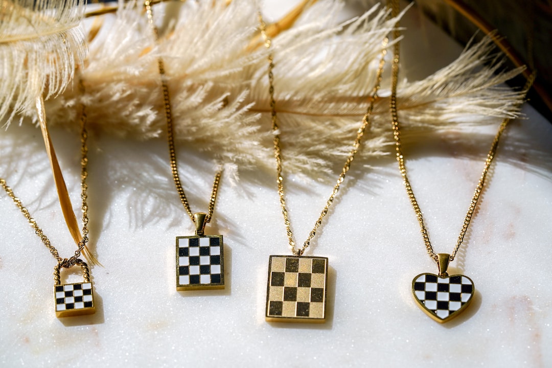 Checkered Necklace, Checkered Ring, 18K Gold Plated Necklace, Black ...