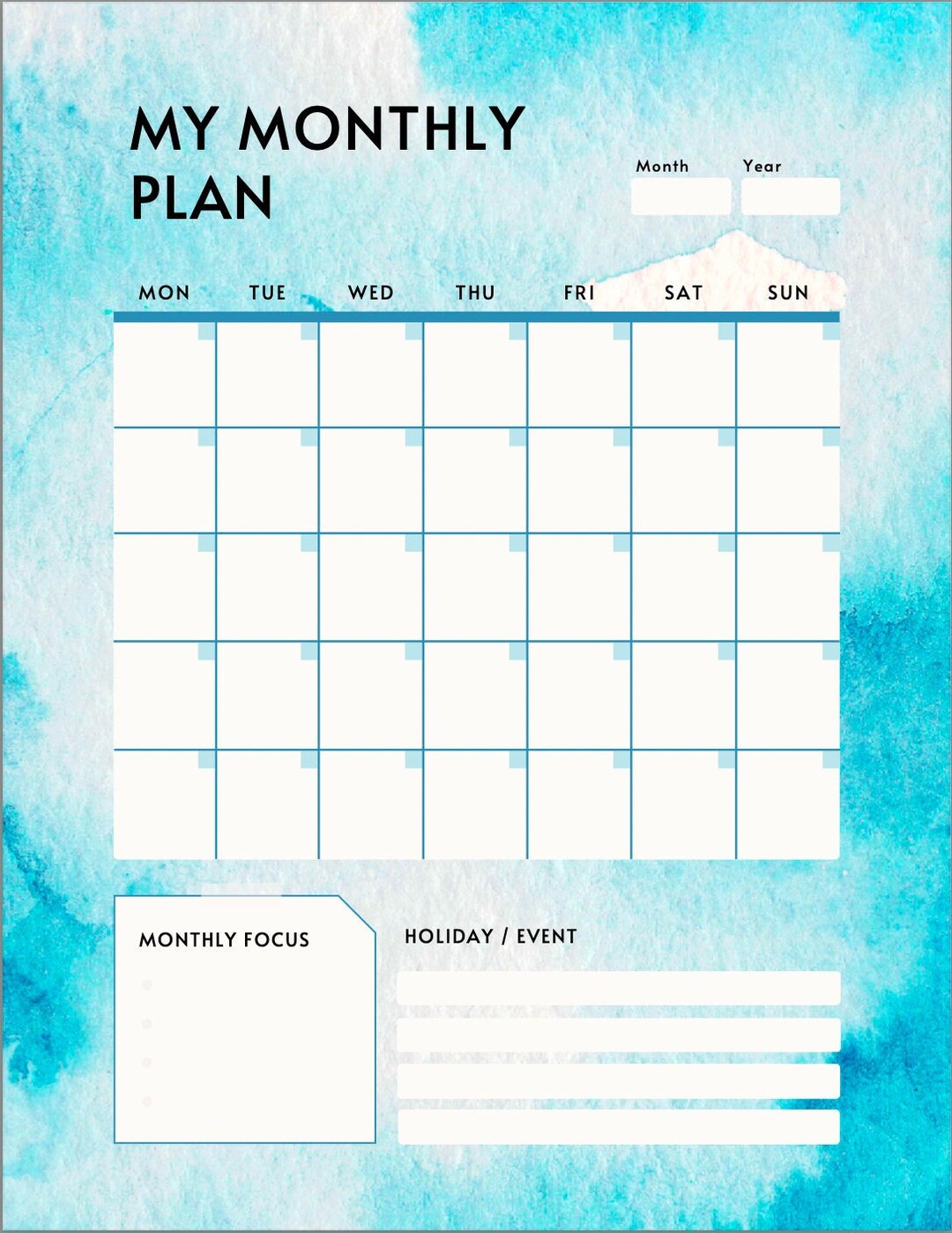 My Monthly Plan in Ocean Watercolor Printable - Etsy
