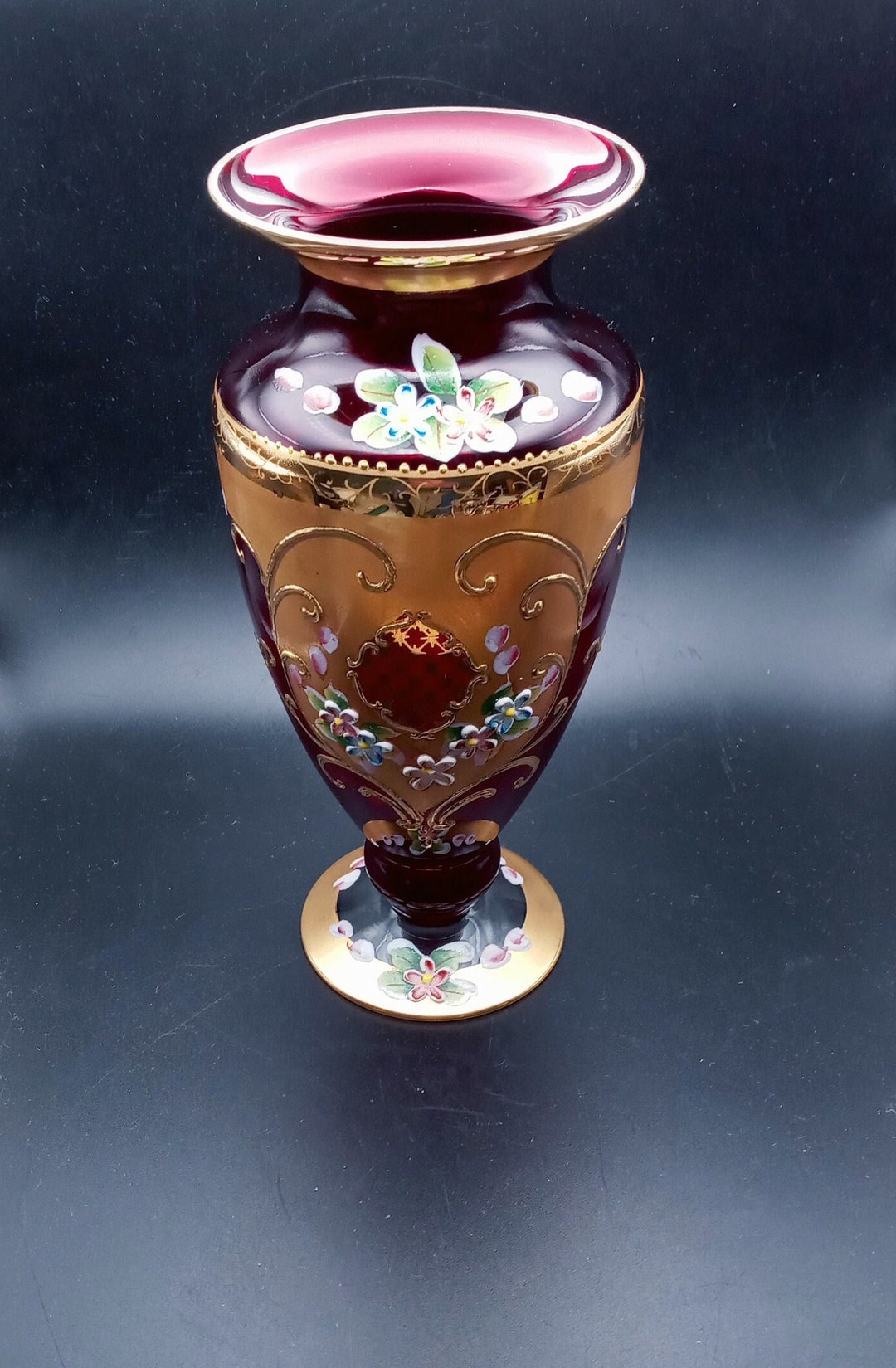 Ruby Red Bohemian Glass Vase, 8 Inches of Applied Gold and Hand Painted ...