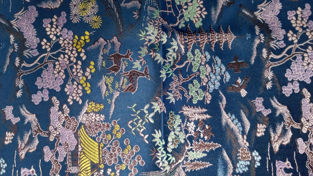 Vintage Satin Brocade Asian Inspired Fabric, Dark Blue, Purple, Green ...