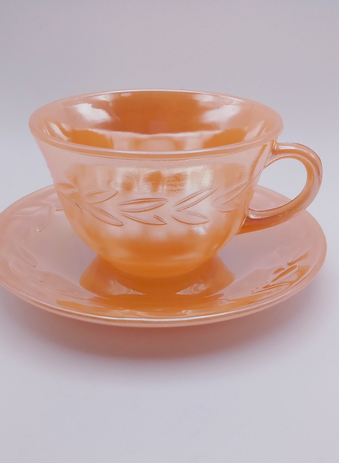 Fire King Peach Lustre Leaf Pattern Cup and Saucer - Etsy
