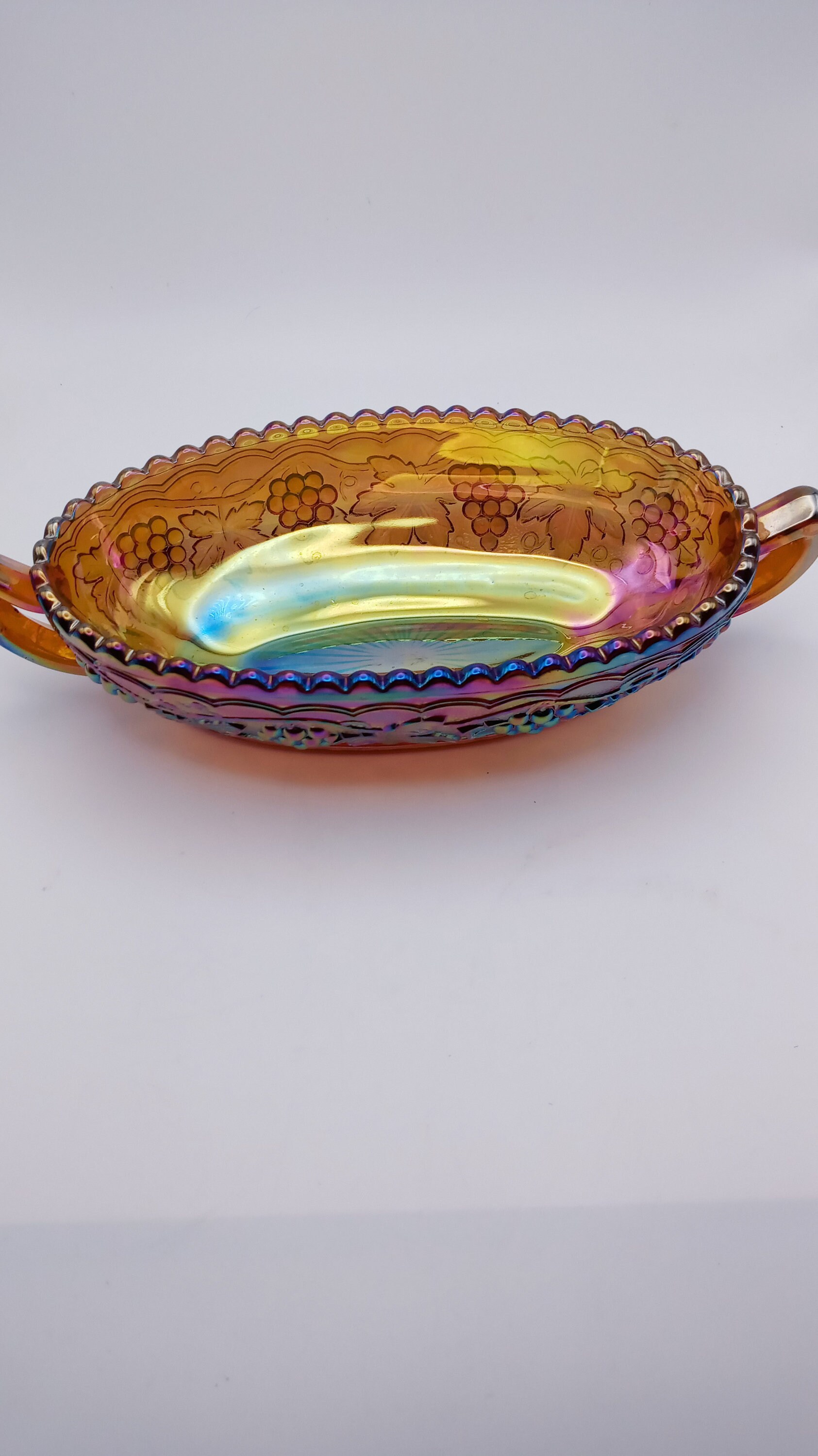 Antique Imperial Glass, Carnival, Heavy Grape Pattern, Horehound/amber ...