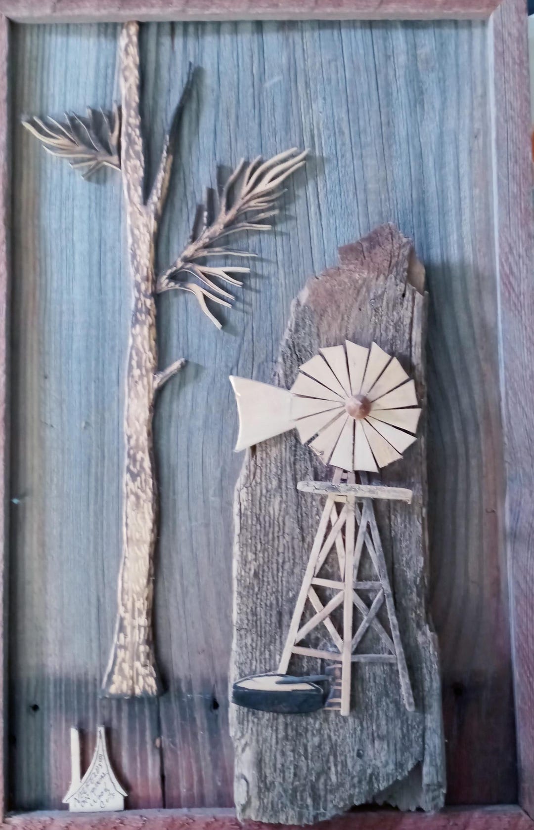 Artist Made Wood Wall Hanging, Windmill and Tree, Signed by Artist ...