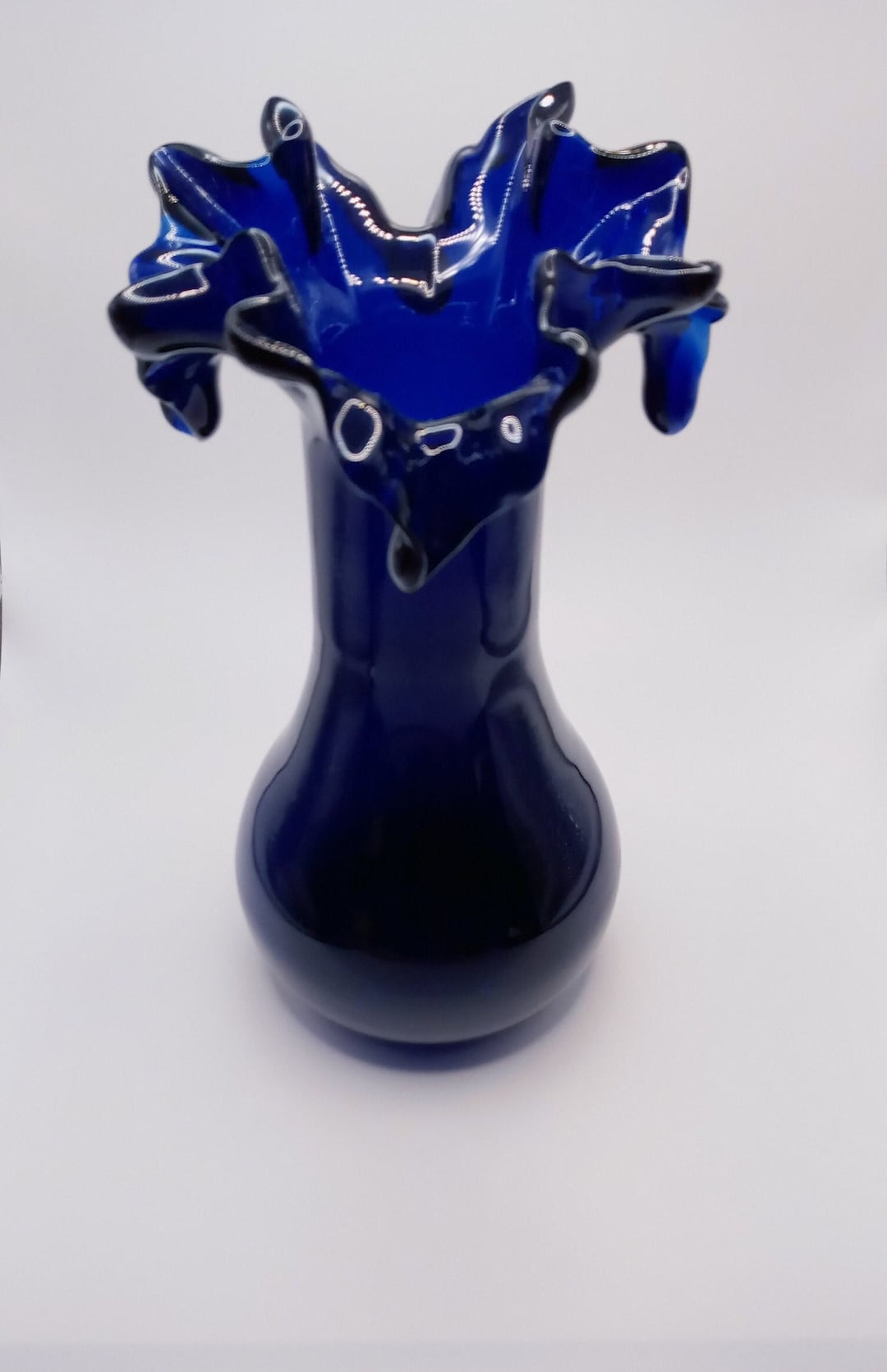 Cobalt Ruffled Rim Blown Glass Vase by Ozark Art Glass, Fayetteville ...