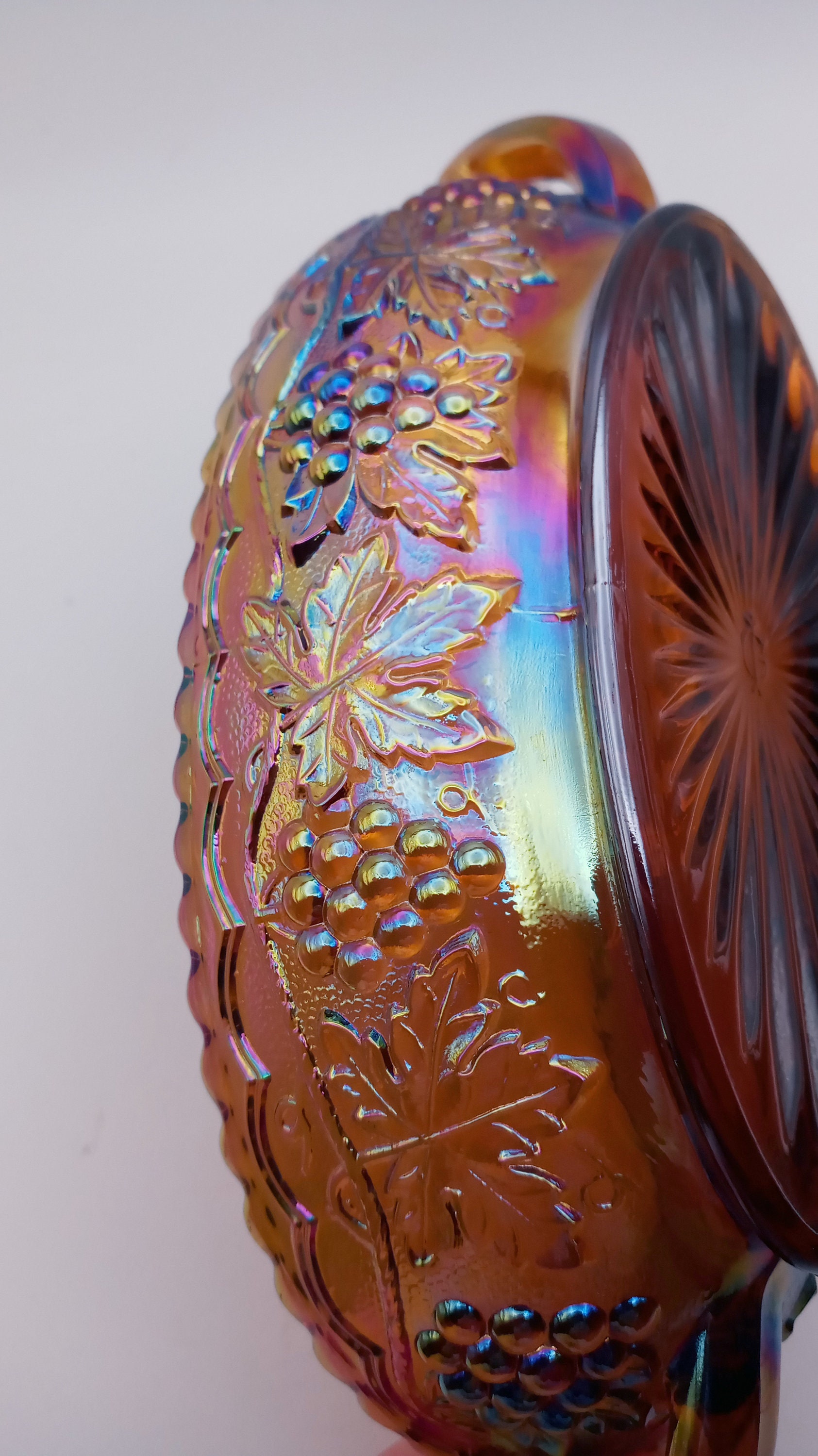 Antique Imperial Glass, Carnival, Heavy Grape Pattern, Horehound/amber ...